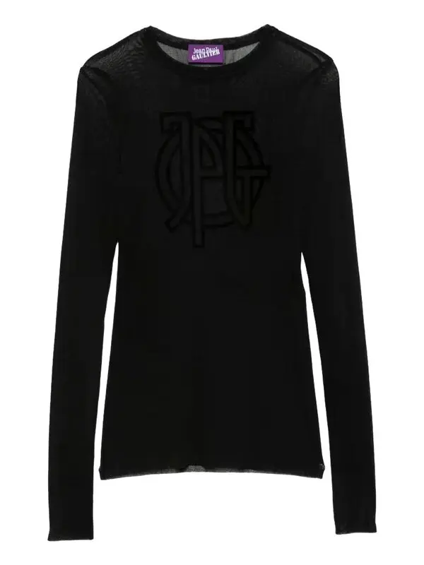JEAN PAUL GAULTIER Sheer Flocked Logo Long Sleeve Top - Blue