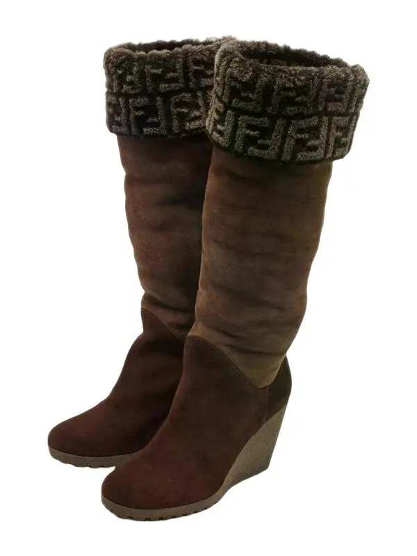 Fendi Shearling Cuff Wedge Knee-high Boots - Brown