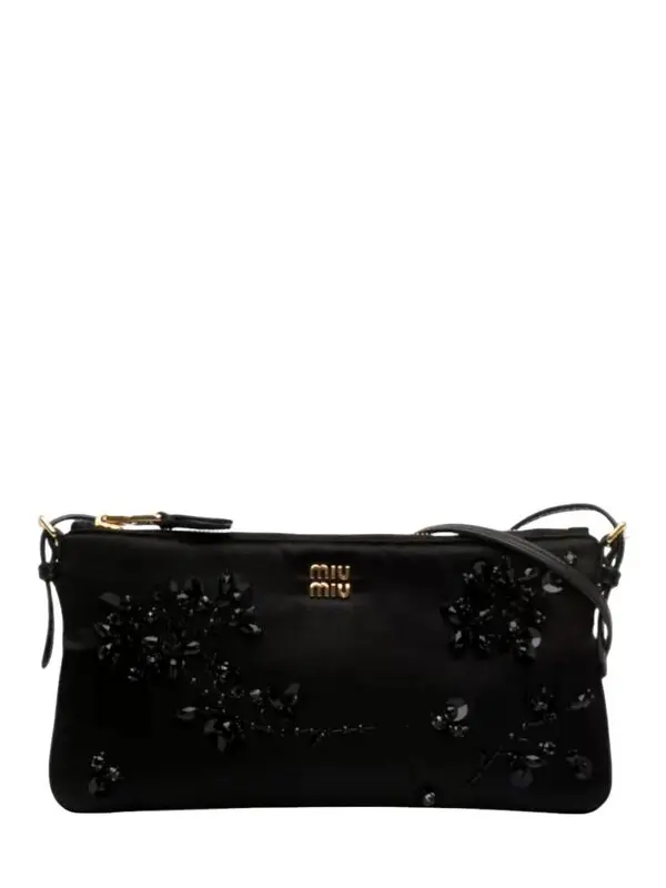 Miu Miu Crystal Embellished Satin Shoulder Bag - Black