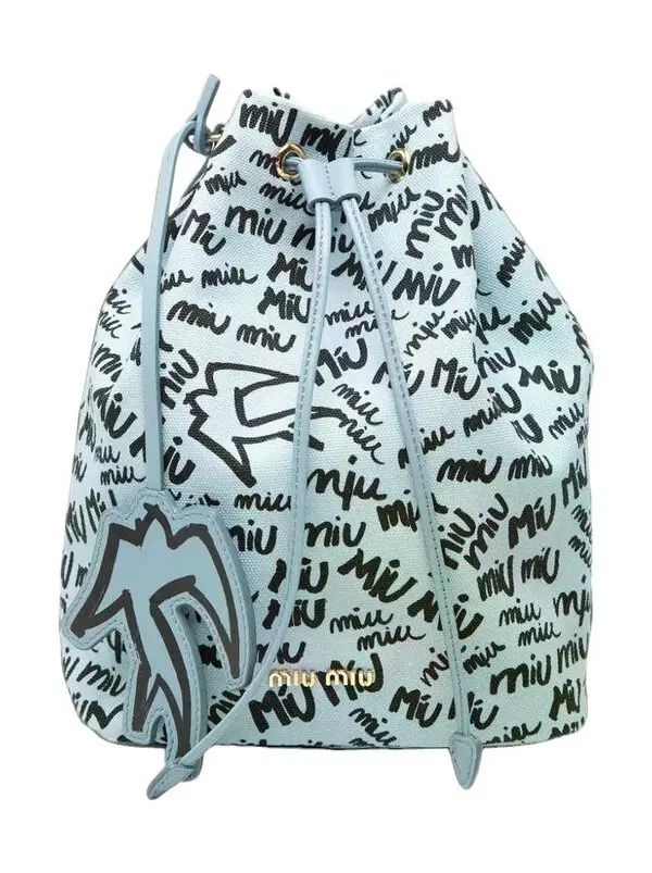Miu Miu Printed Canvas Drawstring Pouch Bucket Bag - Blue