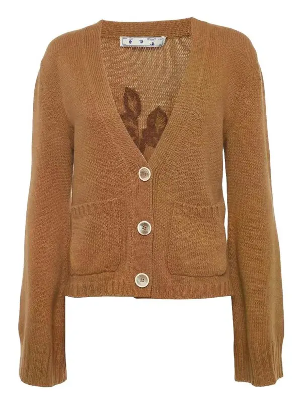 Off-White Floral Embroidered Knit Cardigan - Brown