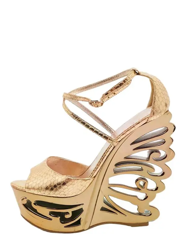 LE SILLA Snakeskin-embossed Butterfly-wedge Sandals - Gold