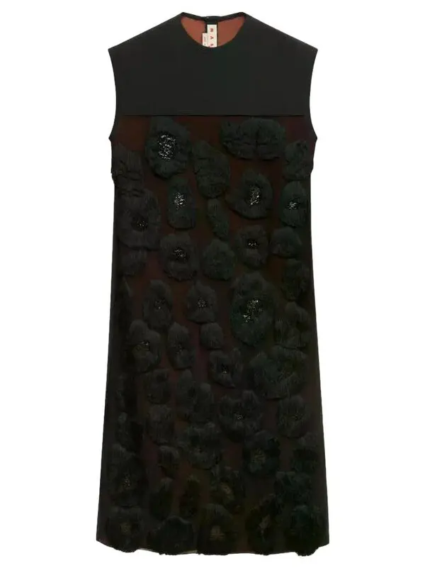 Marni Sleeveless Georgette Dress With Shaggy Camouflage Motif - Black
