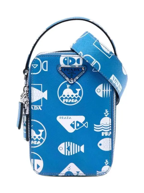 Prada Saffiano Leather Printed Vertical Crossbody Satchel - Blue