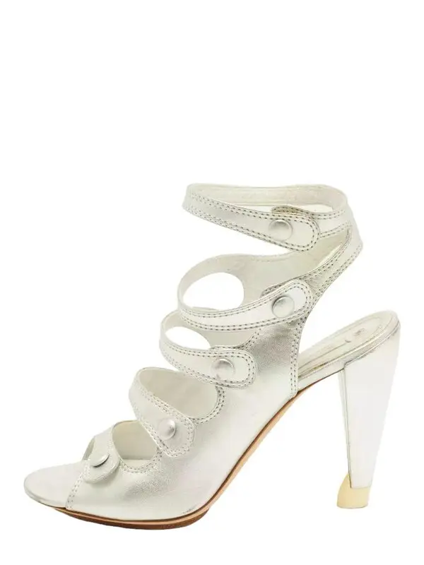 Celine Tone Leather Strappy Heeled Sandals - Silver