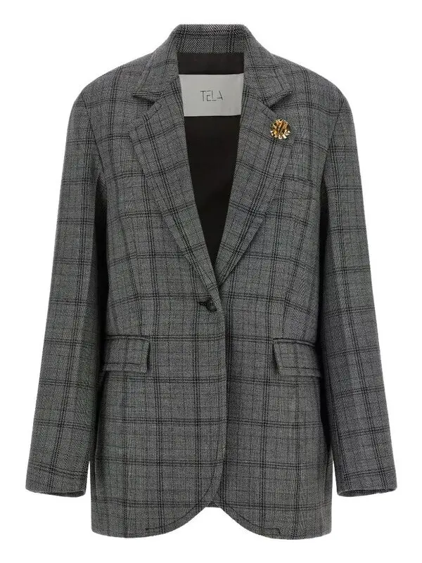 TELA Prince Of Wales Brooch-detail Blazer - Grey