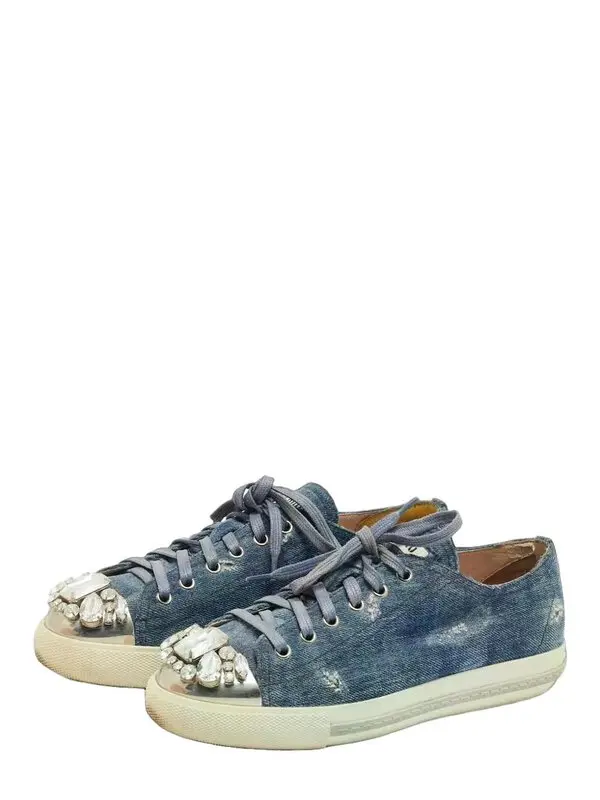 Miu Miu Crystal Embellished Distressed Denim Lace-up Sneakers - Blue