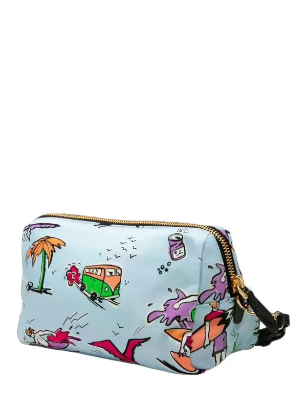 Prada Printed Nylon Cosmetic Pouch With Wrist Strap - Blue