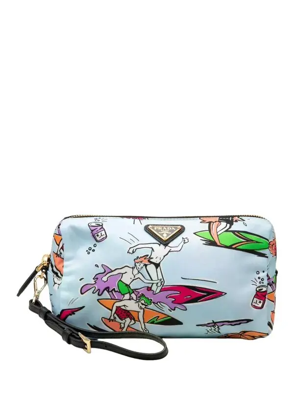 Prada Printed Nylon Cosmetic Pouch With Wrist Strap - Blue