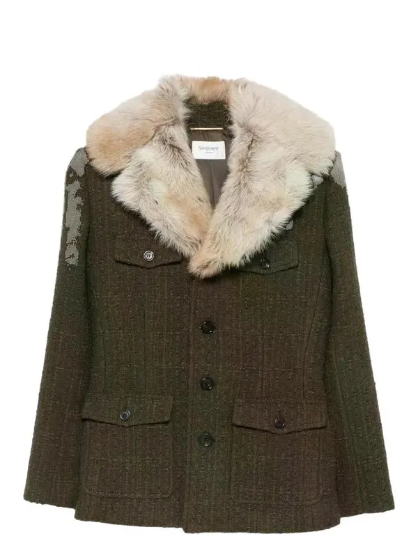 Saint Laurent Faux-fur Collar Textured Jacket - Green