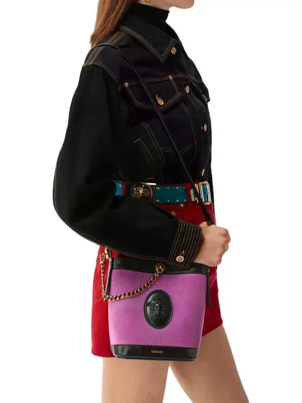 Versace Pivot Mini Suede Bucket Bag - Purple