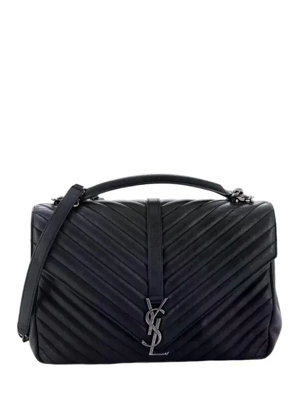 Saint Laurent Monogram College Bag Matelasse Chevron Leather Large Shoulder Bag - Black