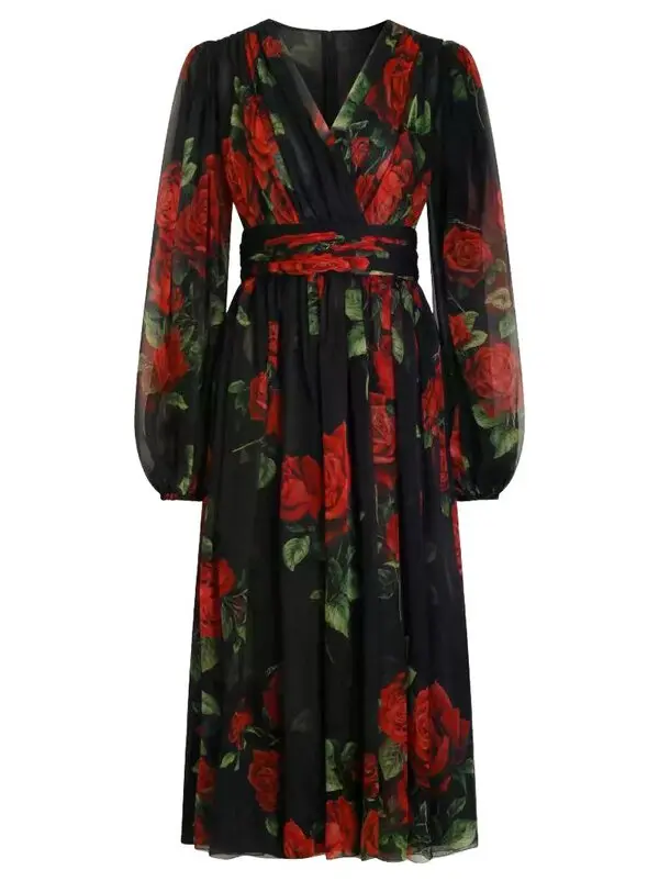 Dolce & Gabbana Rose-print Chiffon Midi Dress - Black