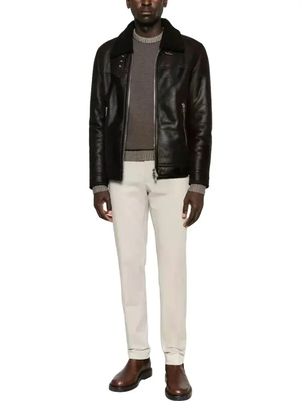 DONDUP Leather Jacket With Shearling Collar - Brown
