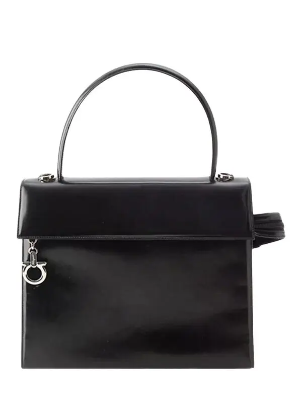 FERRAGAMO Leather Gancini Top Handle Bag - Black