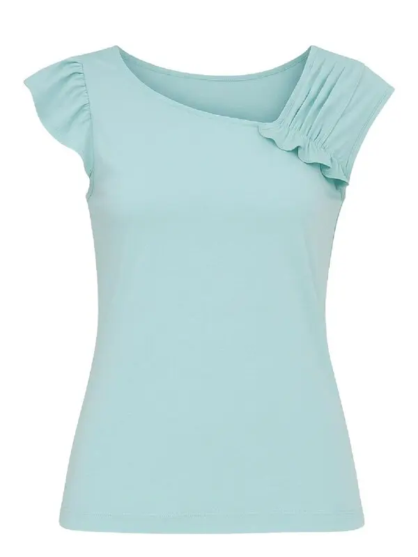 CONQUISTA Asymmetric Ruffle Sleeve Top - Blue