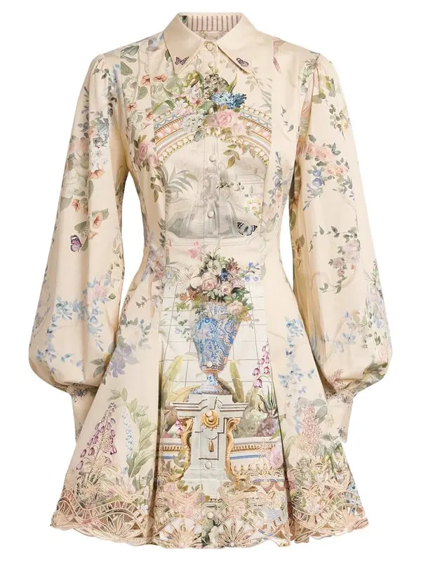 Camilla Stretch-cotton Mini Shirt Dress With Floral Architectural Print - Neutral