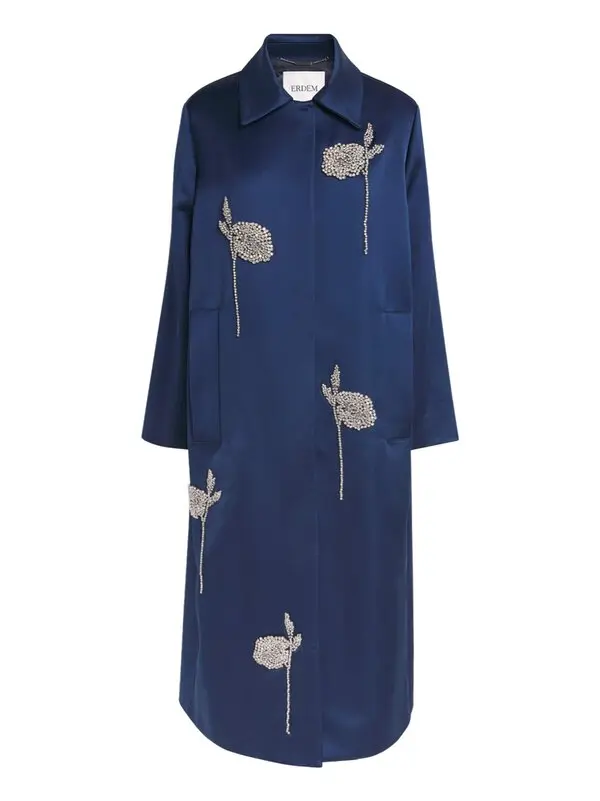 Erdem Embroidered Satin Overcoat - Navy
