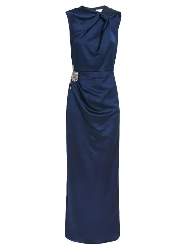 Erdem Embroidered Satin Pencil Gown - Navy