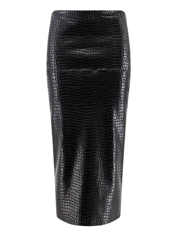 NUDE Faux Leather Embossed Croc Print Midi Skirt - Black