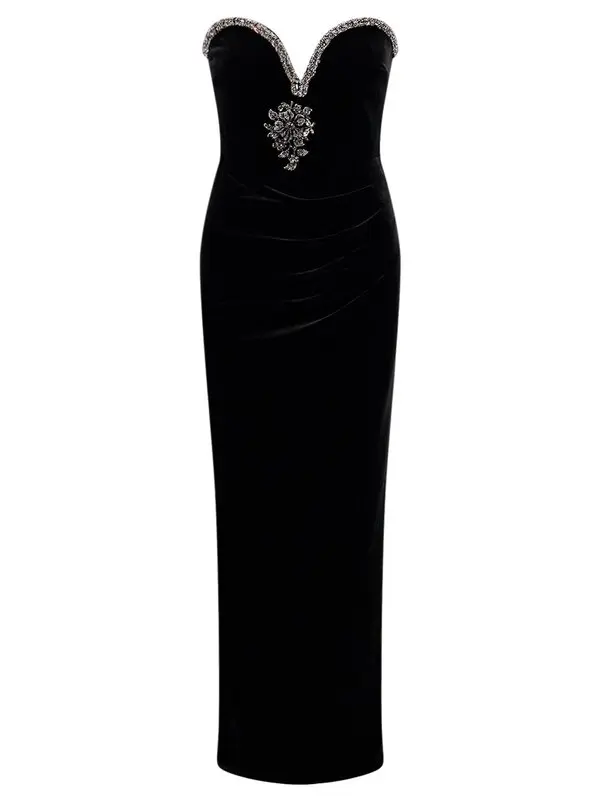 SELF-PORTRAIT Velvet Sweetheart Neckline Maxi Dress With Rhinestone Trim And Floral Brooch - Black