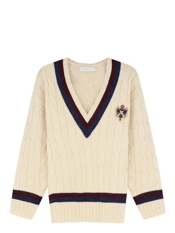 Zimmermann Valiant Cable Knit Wool Sweater With Contrast Trim - Beige