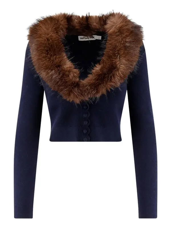 SELF-PORTRAIT Navy V-neck Cardigan With Faux Fur Trim - Blue