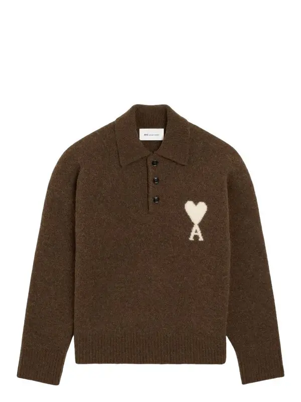 AMI Paris De Coeur Wool Polo Sweater - Brown