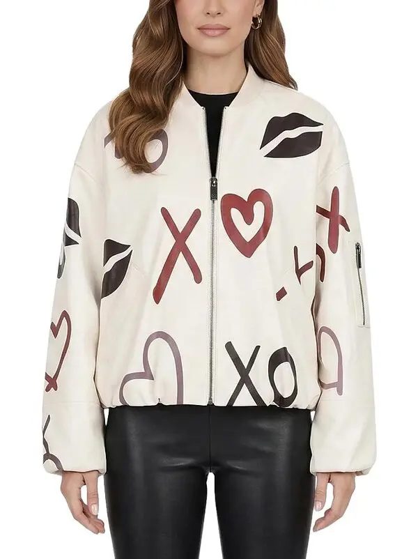 Gorski Nappa Leather Bomber Zip Jacket With Graphic Print - White/xo Multi