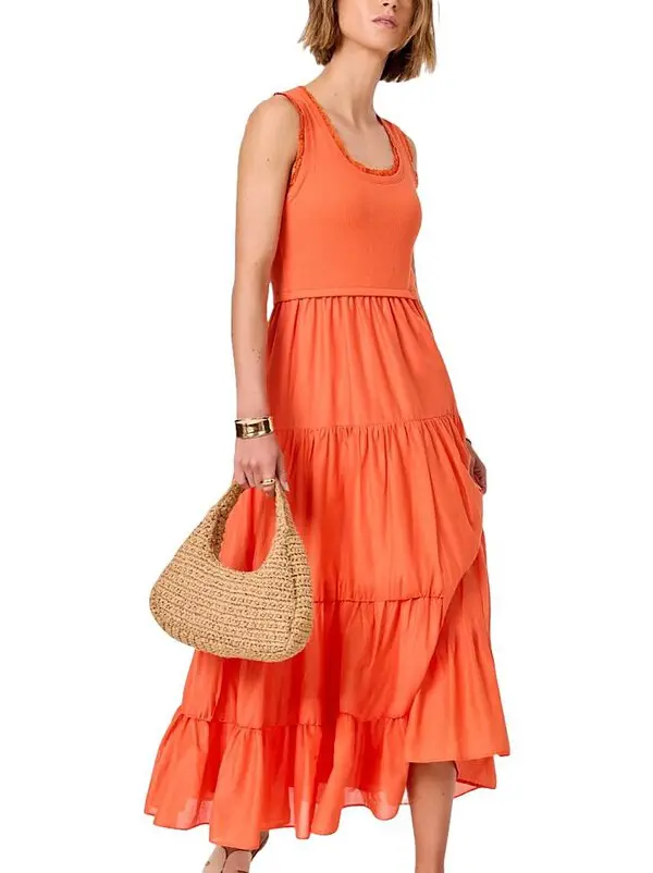 Mint Velvet Sleeveless Crochet Trim Tiered Midi Dress - Orange