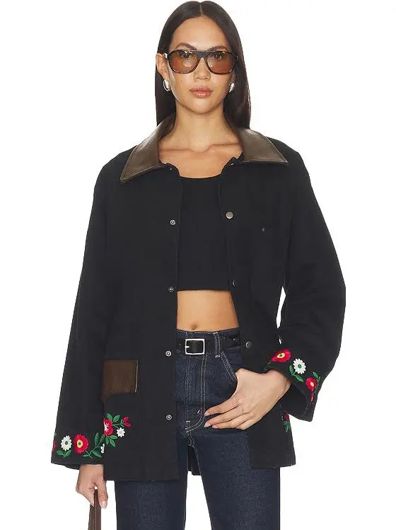 FOUND Embroidered Canvas Work Jacket With Leather Trim - Black