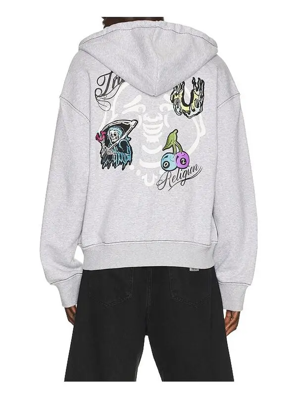 True Religion Boxy Zip Up Hoodie With Graphic Detailing - Heather Grey