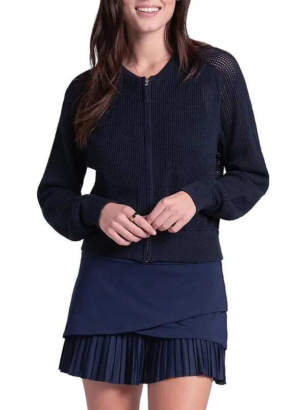 Lucky In Love Aero Pointelle Zip-up Sweater - Navy