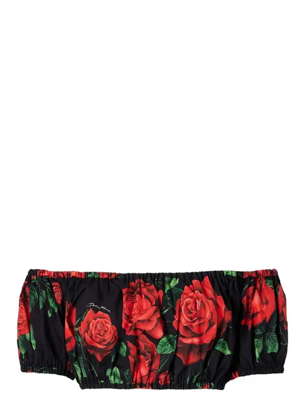 Dolce & Gabbana Off-the-shoulder Cropped Floral-print Cotton-poplin Top - Black