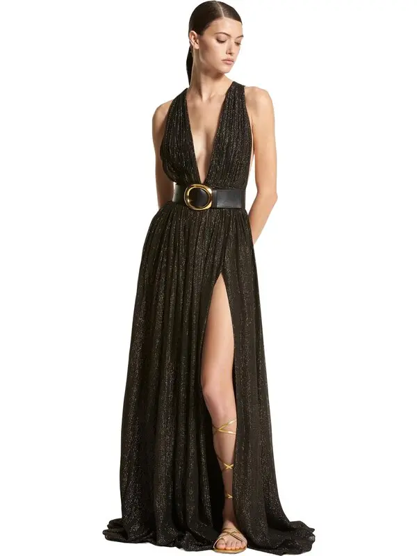 Michael Kors Hutton Metallic Striped Lamé Chiffon Gown - Black