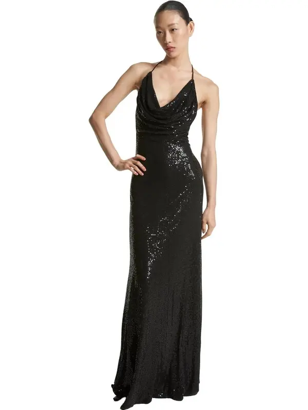 Michael Kors Hand-embroidered Sequin Viscose Cowl Gown In Size By - Black