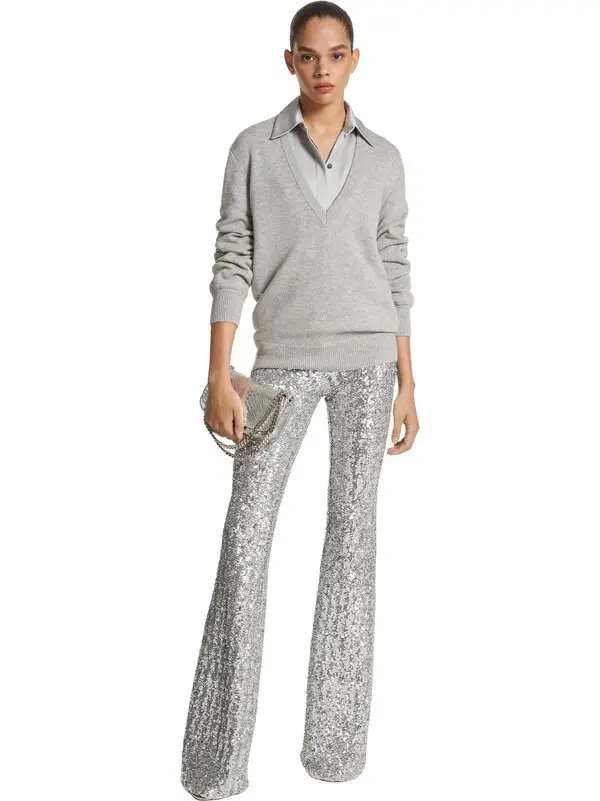Michael Kors Sequined Stretch Tulle Flared Pants - Silver