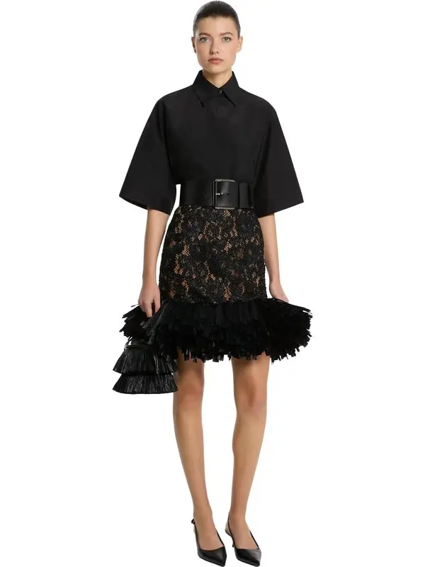 Michael Kors Hand-embroidered Floral Lace And Fringe Skirt - Black