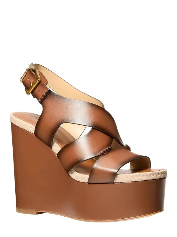 Michael Kors Burnished Leather Strappy Wedge Sandal - Brown