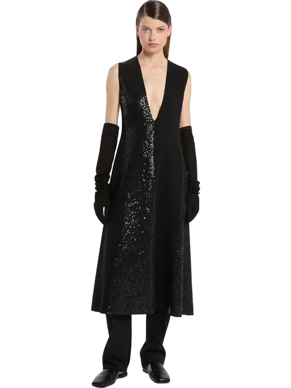 Michael Kors Hand-embellished Sequin Double Faced Stretch Wool Crepe V-neck Dress In Size By - Black