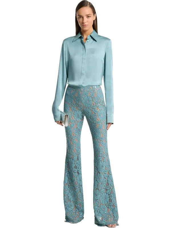 Michael Kors Hand-embroidered Sequin Floral Lace Flared Pants - Blue