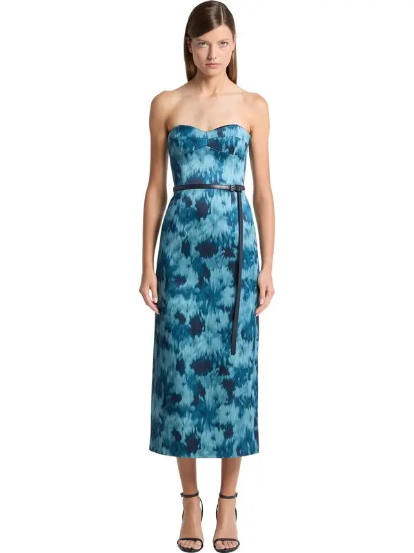 Michael Kors Floral Chiné Satin Duchesse Bustier Sheath Dress - Blue