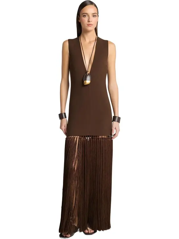Michael Kors Double Faced Wool Crepe Tassel Maxi Dress - Brown