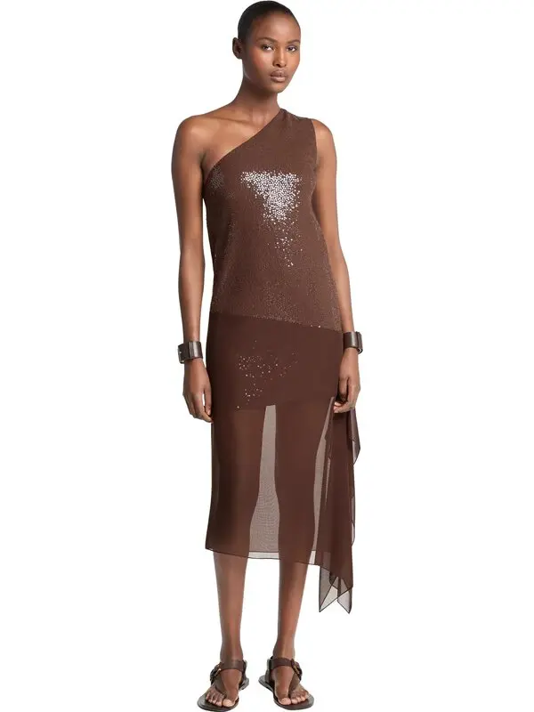 Michael Kors Hand-embellished Sequin Stretch Wool Crepe Veiled Dress In Size By - Brown
