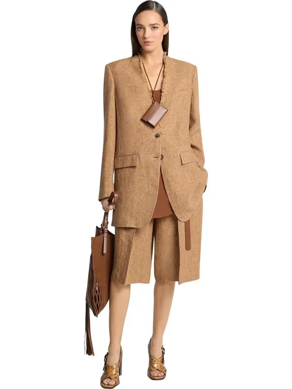 Michael Kors Frayed Linen Collarless Blazer - Brown