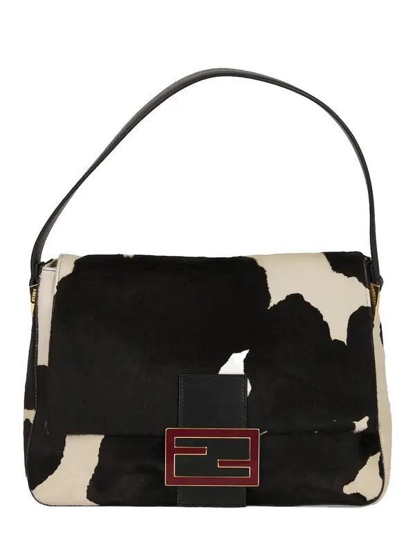 Fendi Pony Hair Mama Baguette Shoulder Bag In & White - Black