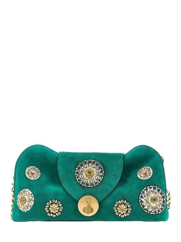 Versace Embroidered Suede Leather Vivian Clutch - Green