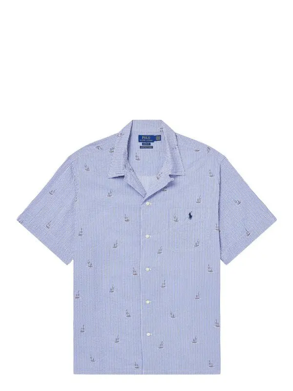 Polo Ralph Lauren Logo-embroidered Striped Printed Cotton-seersucker Shirt - Blue