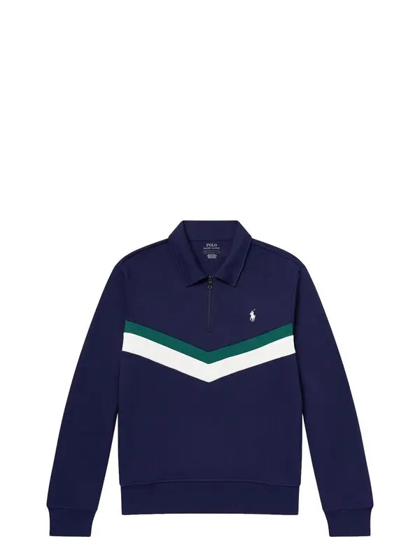Polo Ralph Lauren Striped Logo-embroidered Cotton-blend Piqué Sweatshirt - Blue