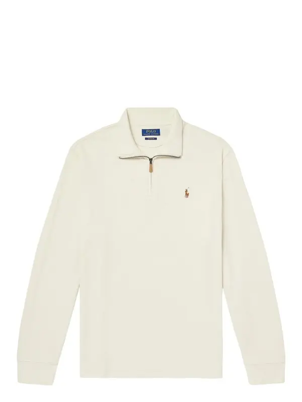 Polo Ralph Lauren Logo-embroidered Ribbed Cotton Half-zip Sweater - Neutrals